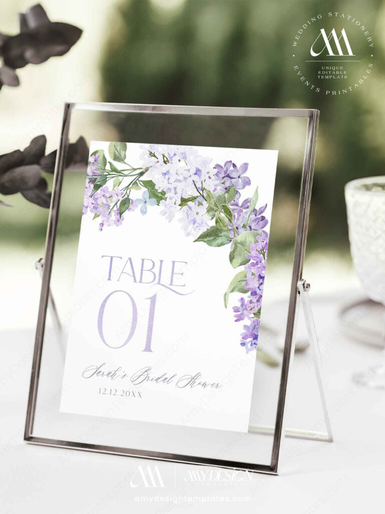 Table Number Cards Template | Lilac Purple Floral Table Numbers Printable