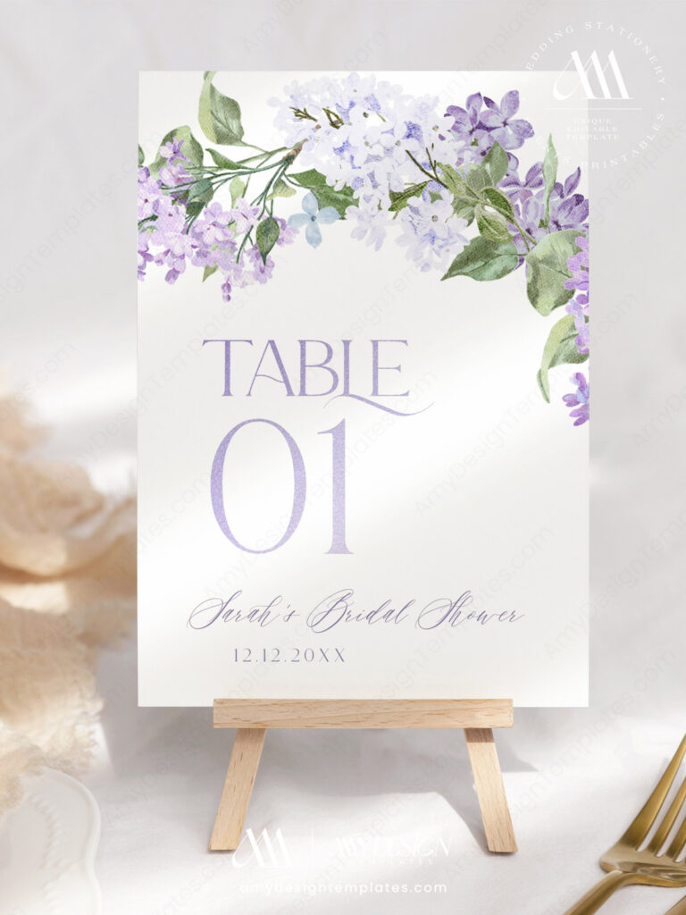 Table Number Cards Template | Lilac Purple Floral Table Numbers Printable