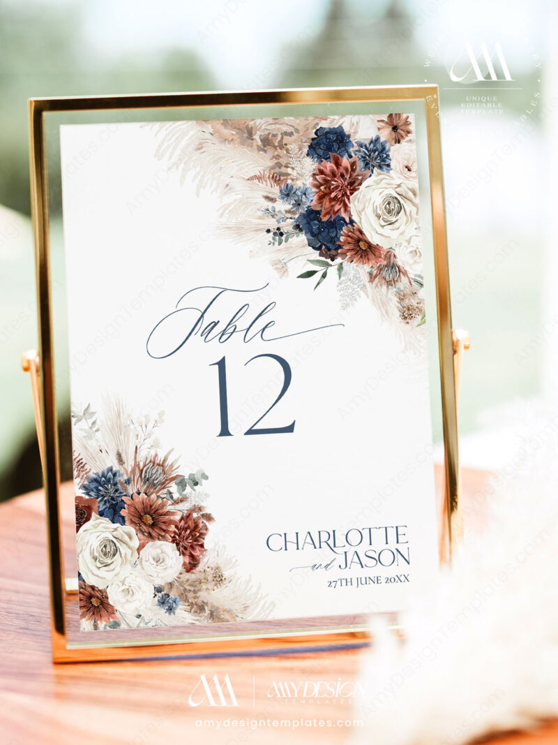 Boho Wedding Table Number Template | Navy Blue Table Numbers Card ...
