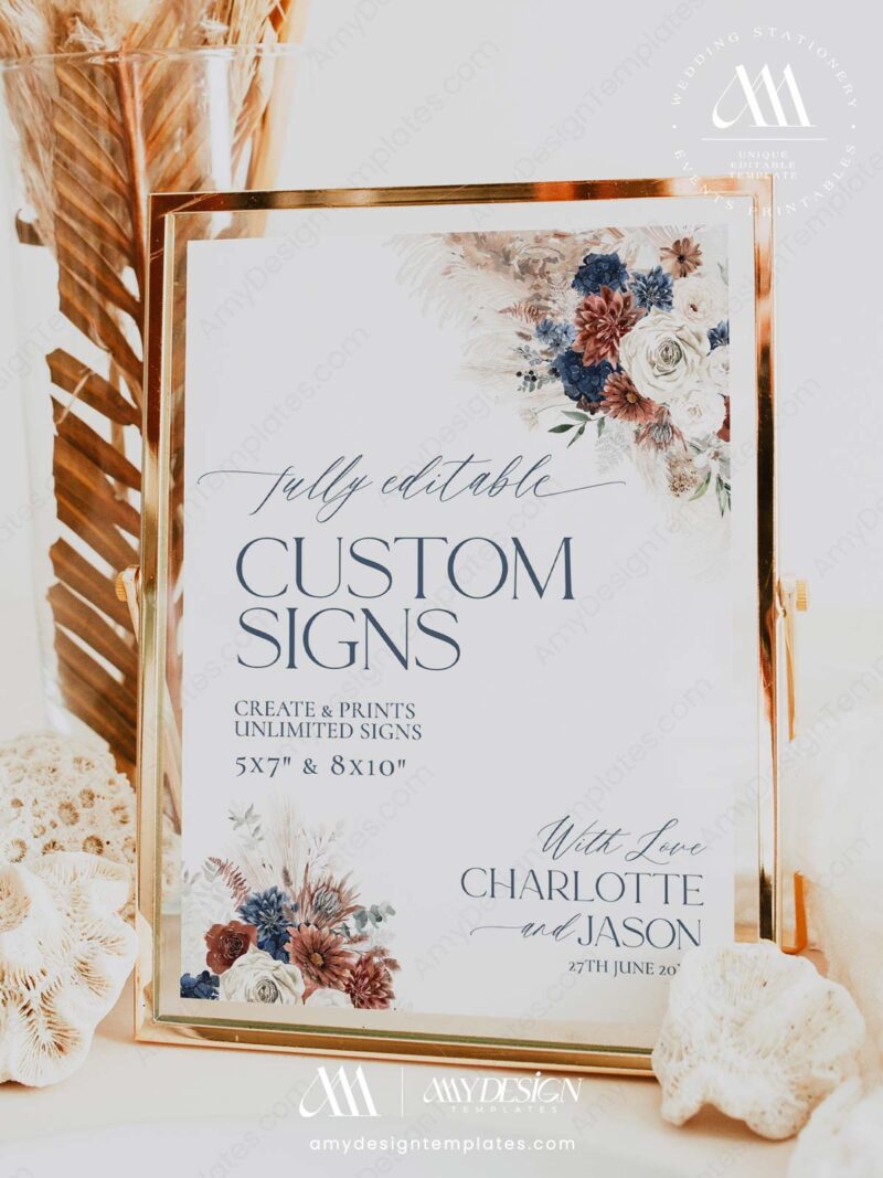 Boho Navy Rust Wedding Table Signs Template | Bohemian Wedding Sign ...