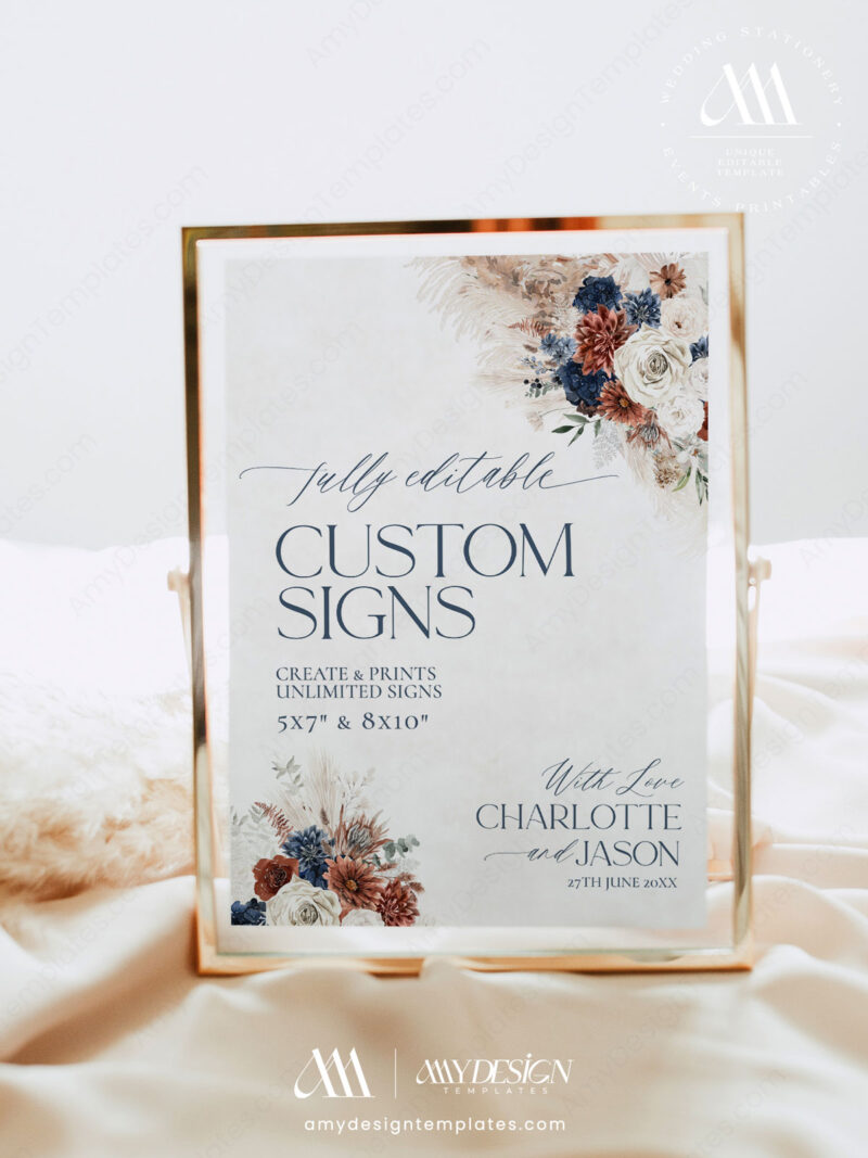 Boho Navy Rust Wedding Table Signs Template | Bohemian Wedding Sign ...