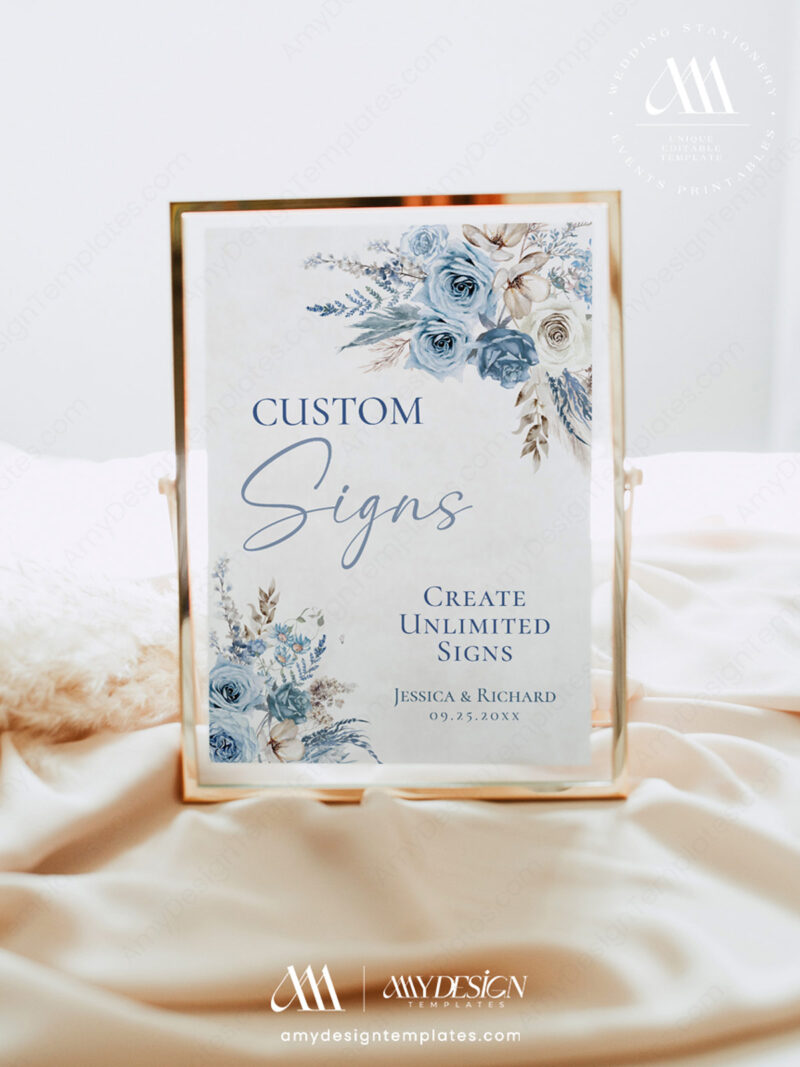 Blue Floral Printable Custom Table Signs | Editable Sign Templates