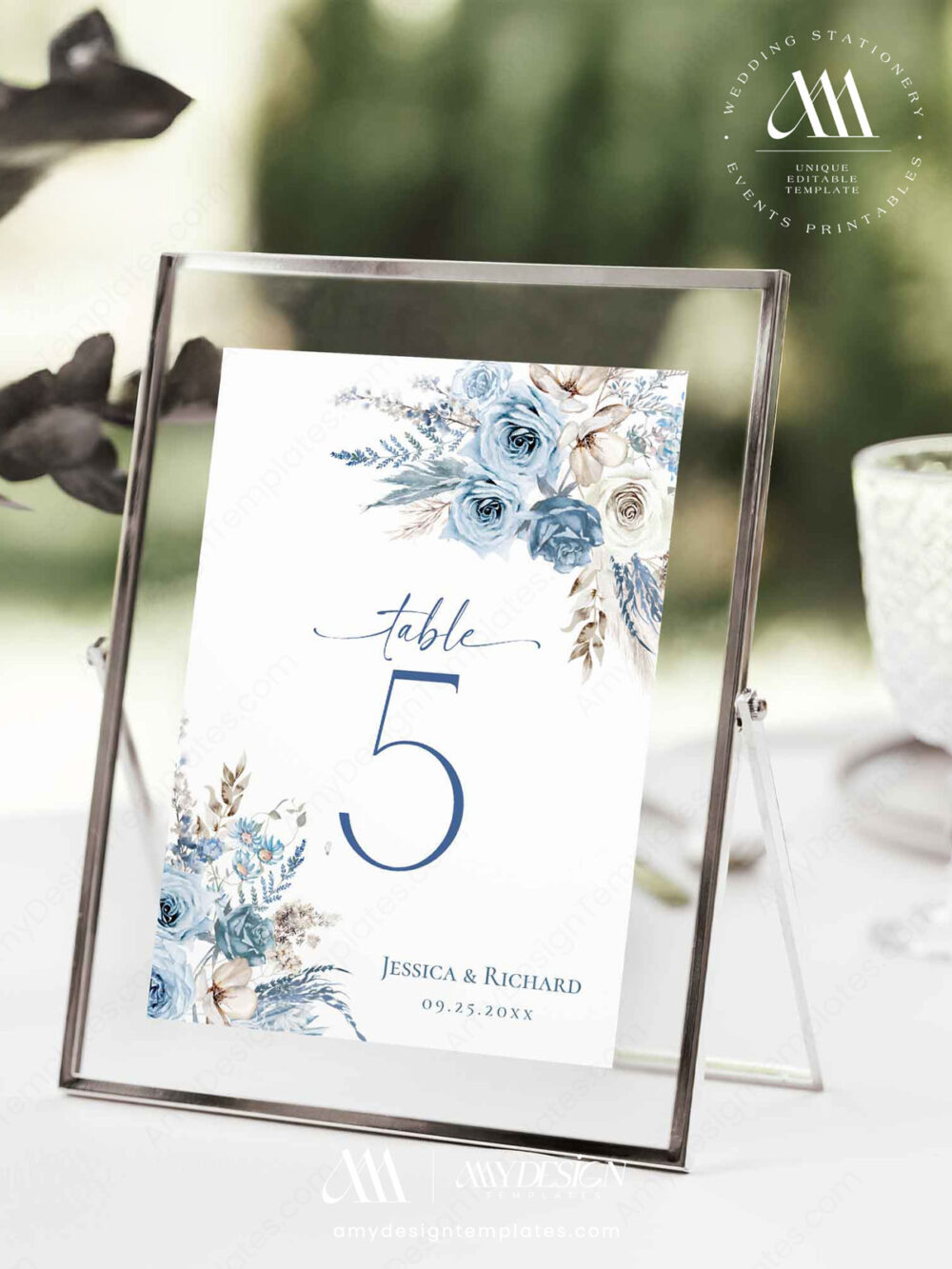 Blue Wedding Table Numbers Printable | Editable Floral Table Number ...