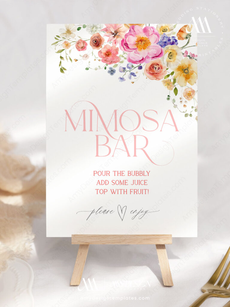 Bright Flowers Mimosa Bar Sign Printable | Floral Bridal Shower Table ...