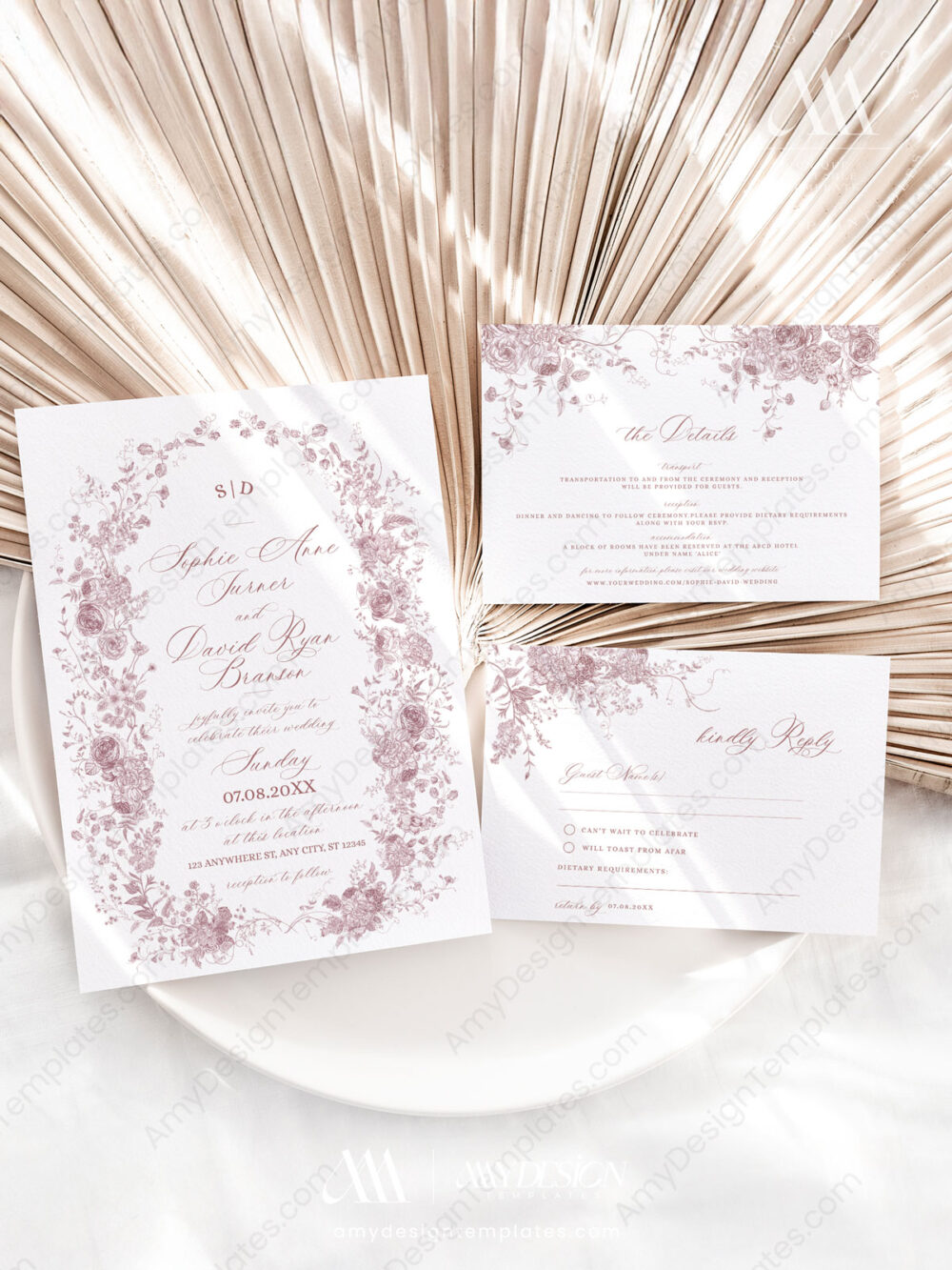 Pink Monogram Wedding Invitation Card Templates | Amy Design
