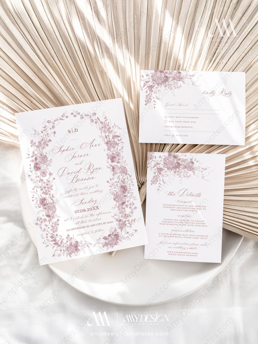 Pink Monogram Wedding Invitation Card Templates | Amy Design