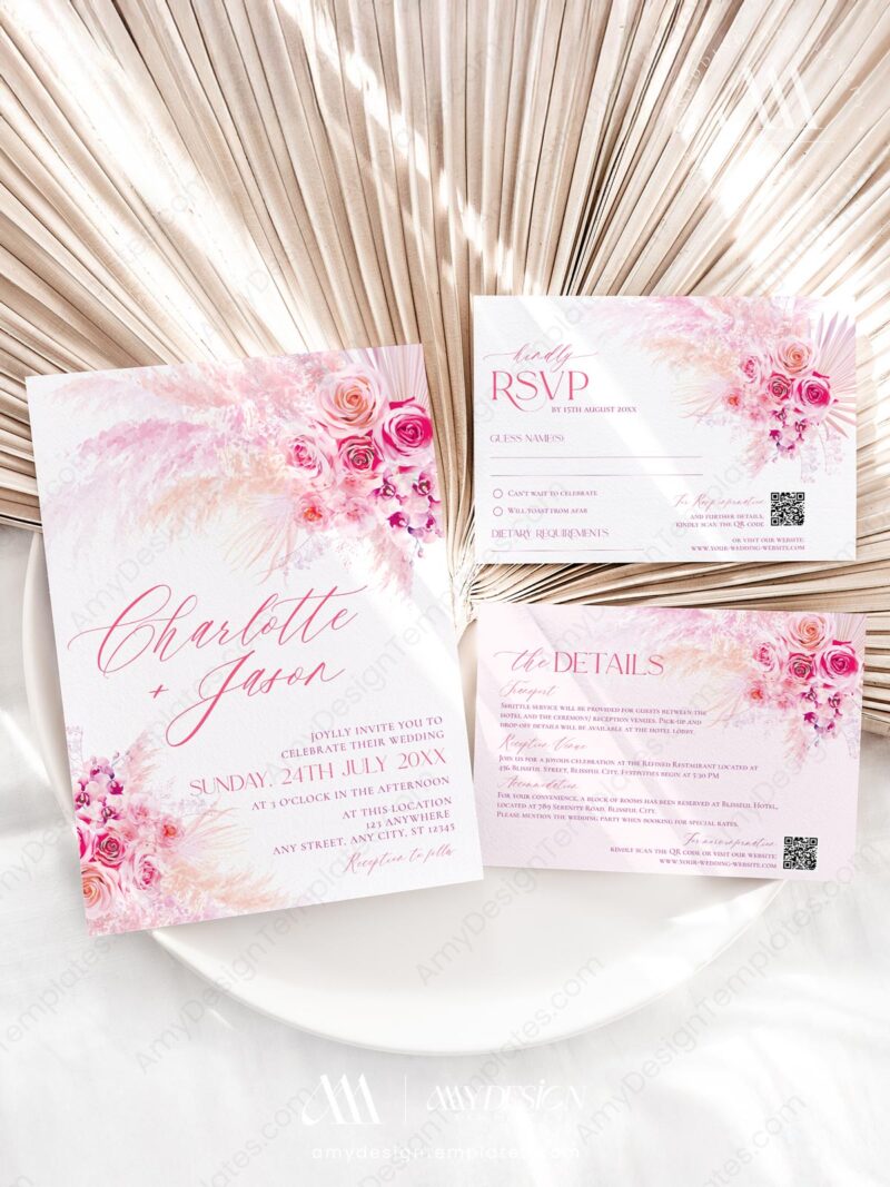 Hot Pink Wedding Invitation Card Template | Amy Design