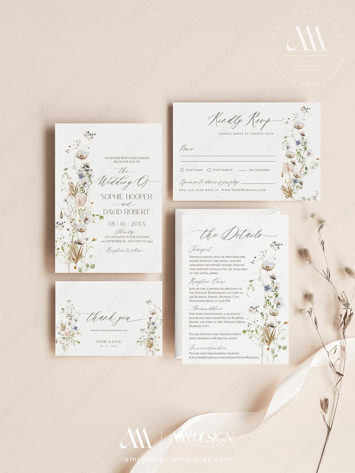 Wildflower Wedding Invitations Template Set | Amy Design