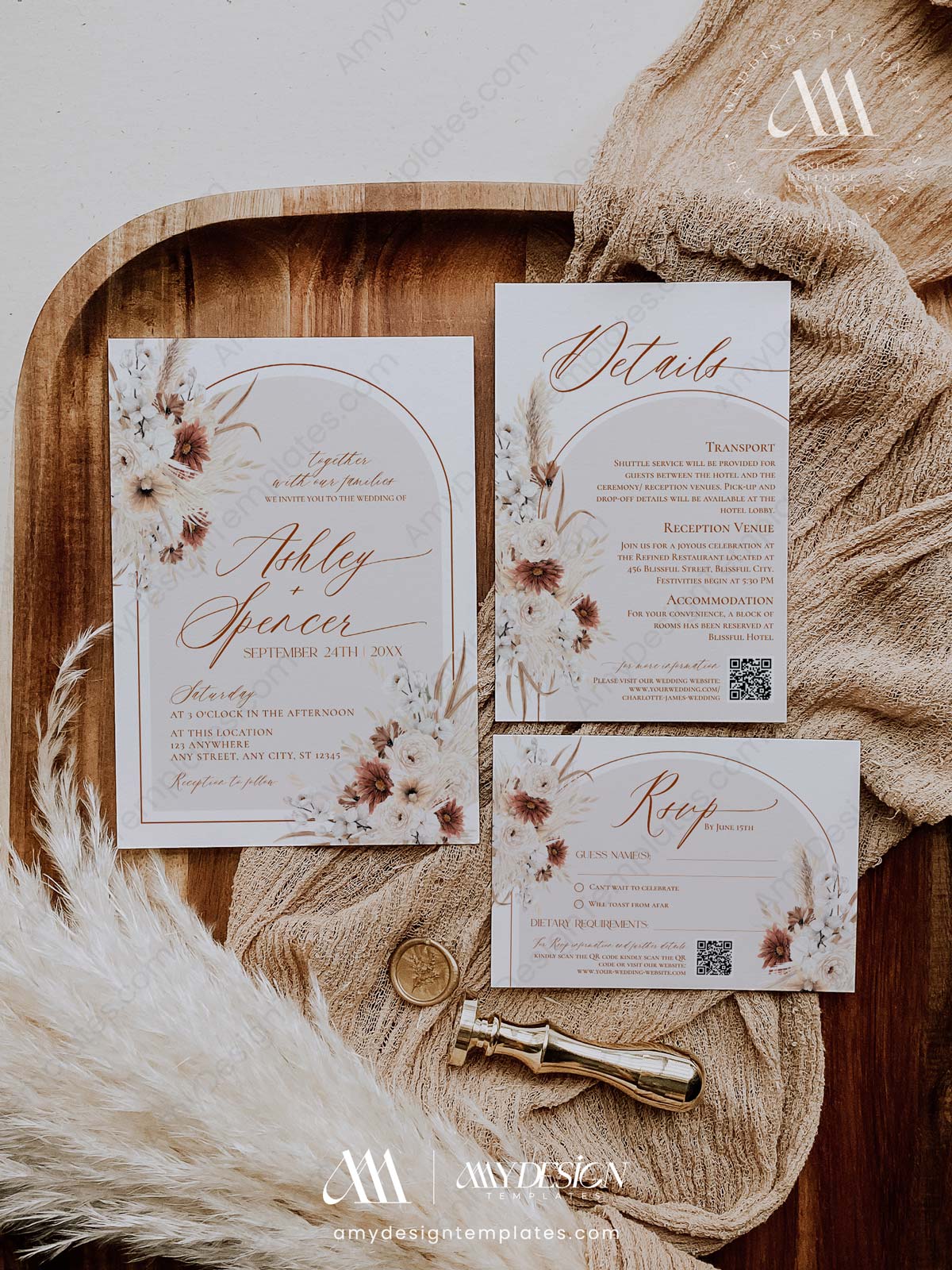 Boho Rustic Wedding Invitations Card Printable | Amy Design