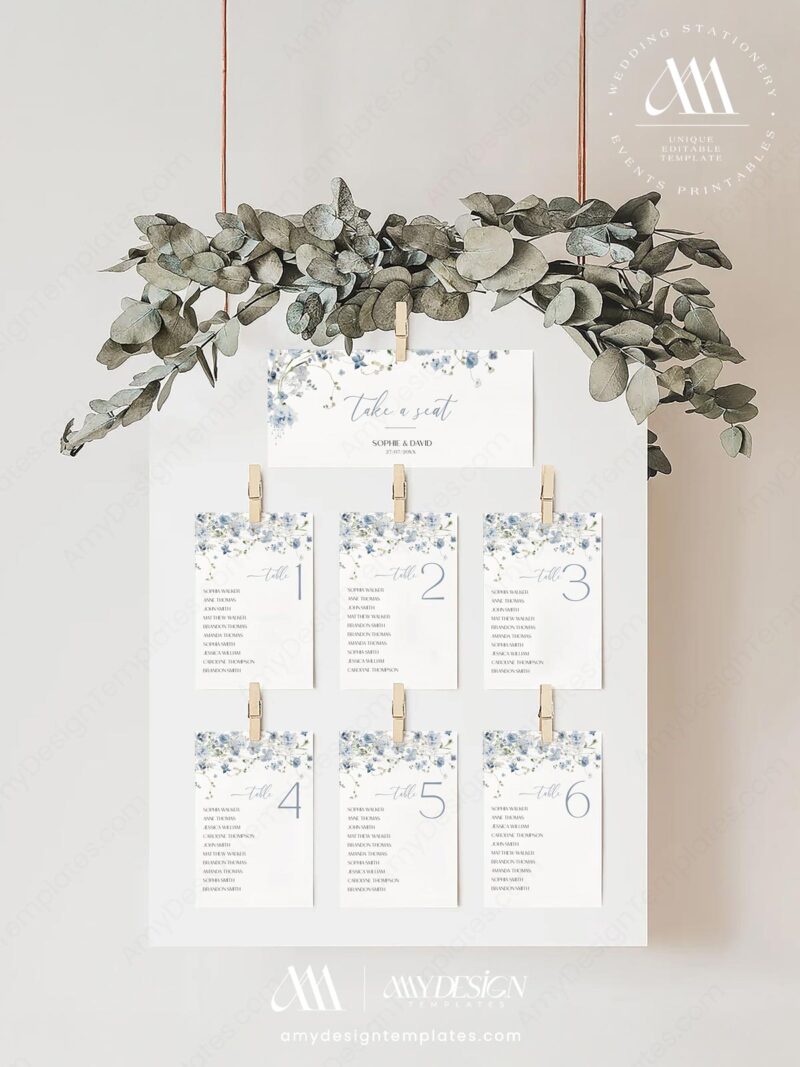 Blue Seating Chart Cards Wedding Template | Blue Wildflower Wedding ...