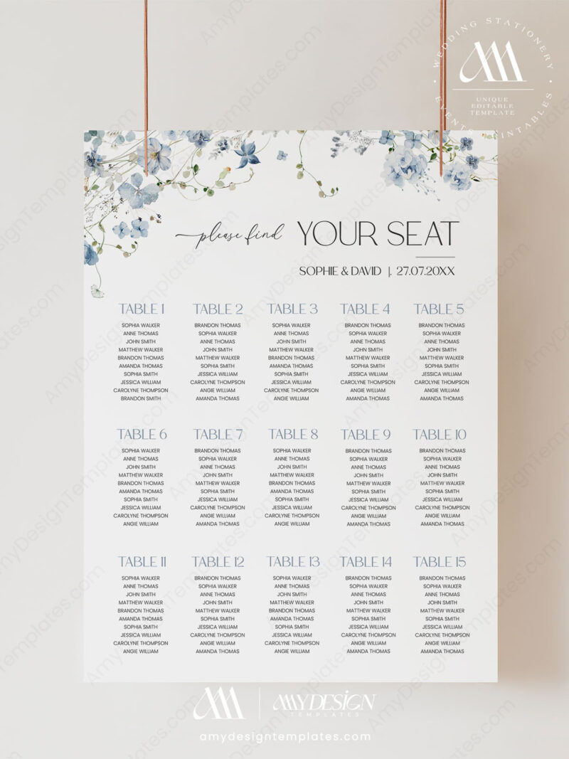 Editable Blue Wildflower Wedding Signs Template | Amy Design