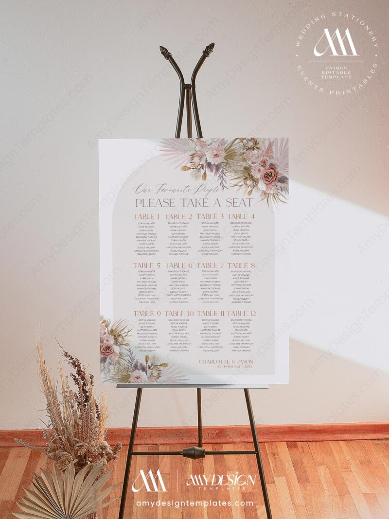 Table Seating Chart Template Editable | Pink Boho Wedding Seating Sign ...