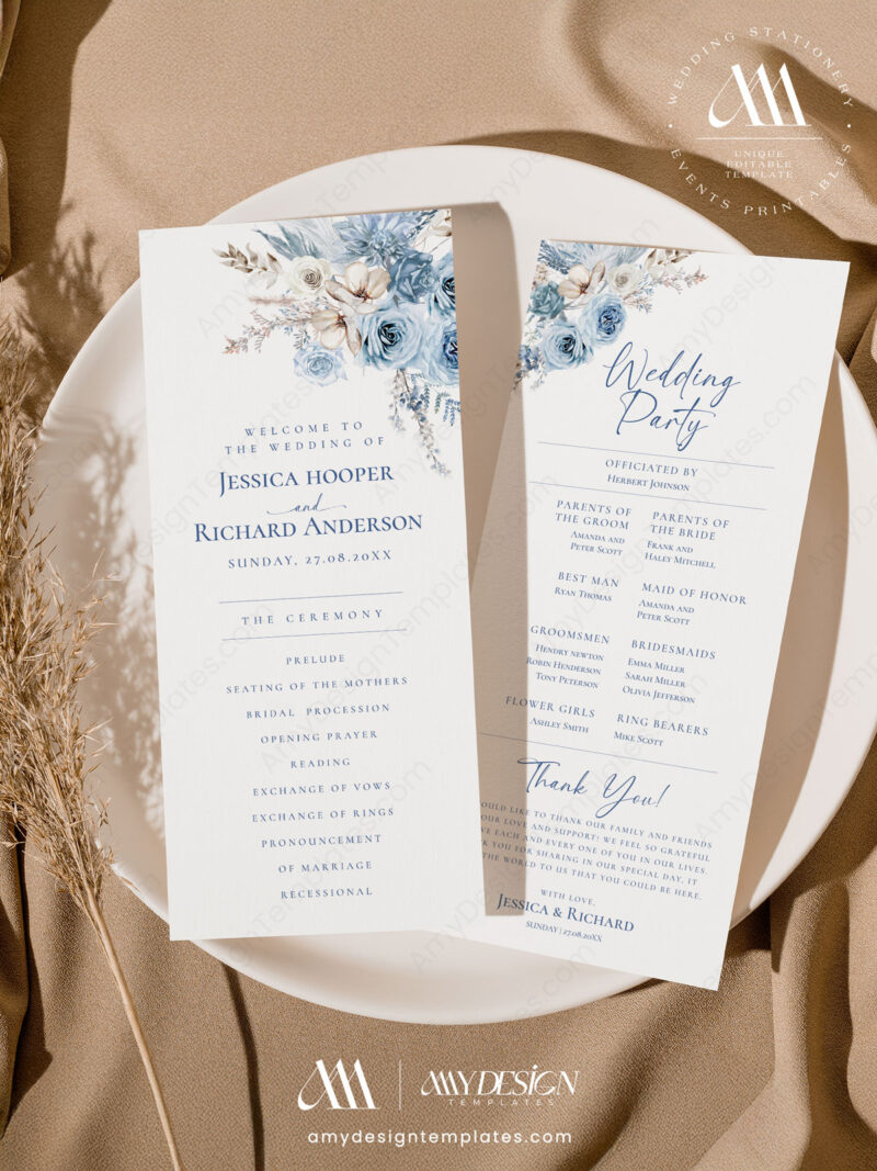 Blue Wedding Programs Template Printable | Wedding Ceremony Timeline ...