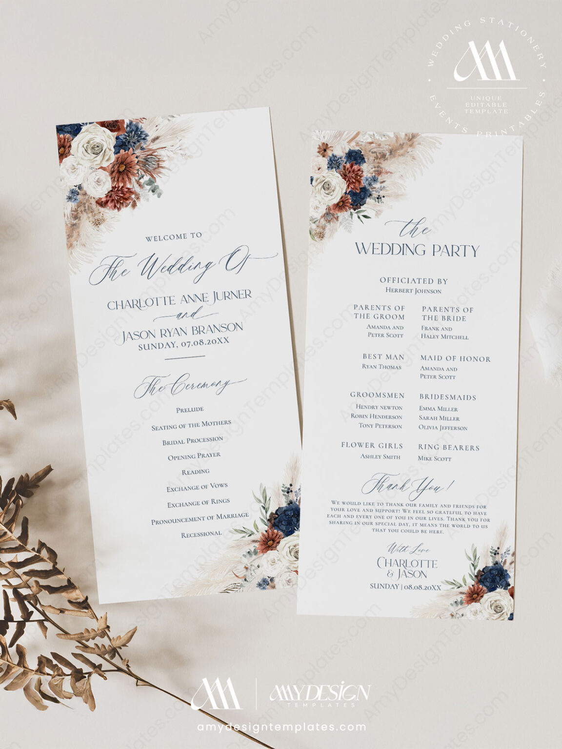 Programs For Wedding Ceremony Template Navy Blue Rust Wedding ...