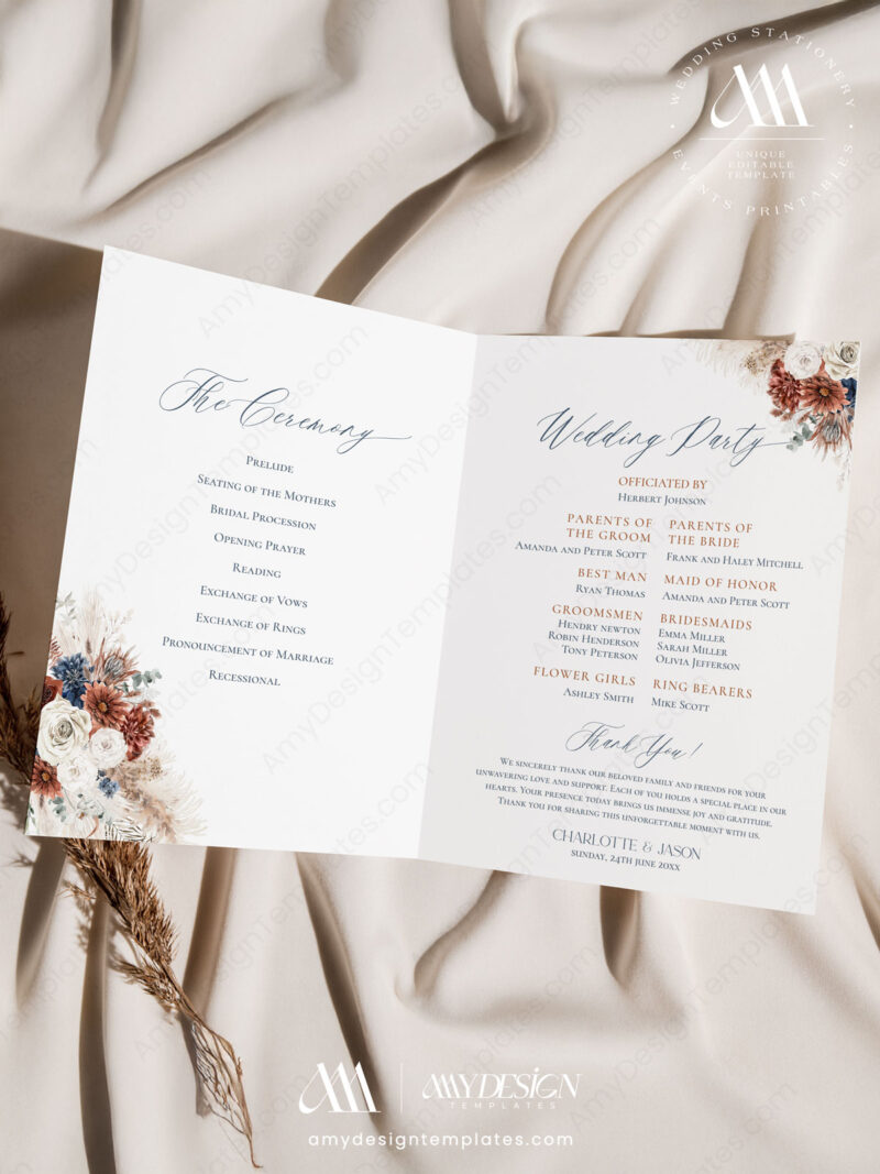 Programs For Wedding Ceremony Template Navy Blue Rust Wedding ...