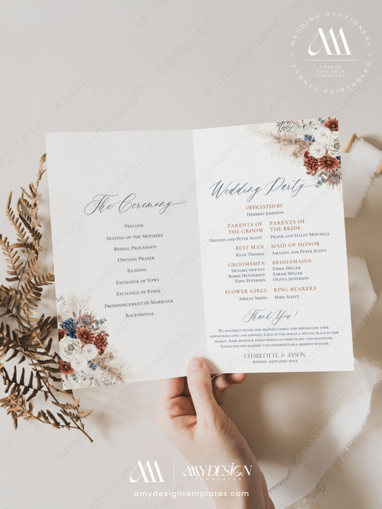 Programs For Wedding Ceremony Template Navy Blue Rust Wedding ...