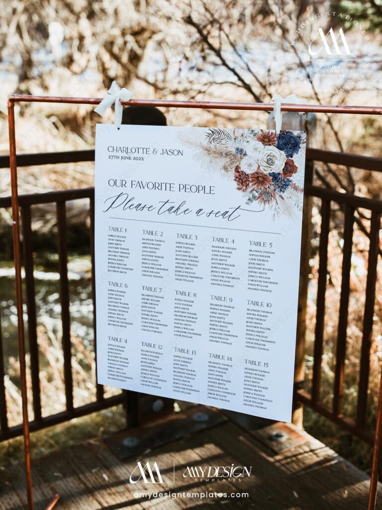 Terracotta Navy Seating Chart Template Wedding | Boho Seating Signage ...