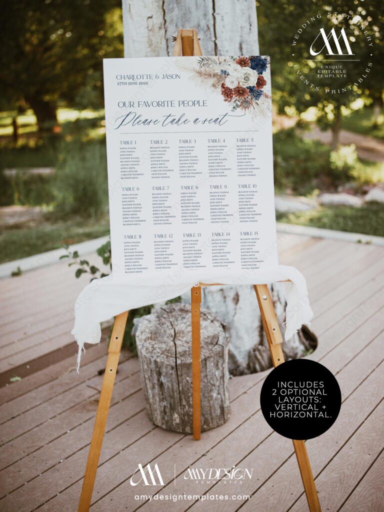 Terracotta Navy Seating Chart Template Wedding | Boho Seating Signage ...