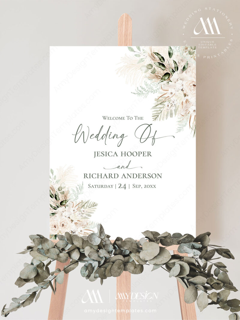 Boho Greenery Wedding Welcome Sign Template | DIY Wedding Sign | Green ...