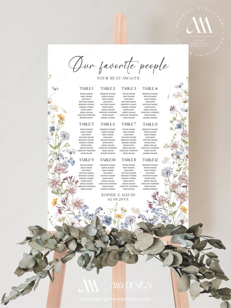 Boho Wildflower Seating Chart Template Wedding | Editable Table Seating ...