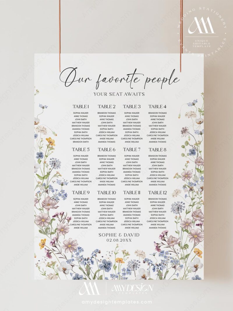 Boho Wildflower Seating Chart Template Wedding | Editable Table Seating ...