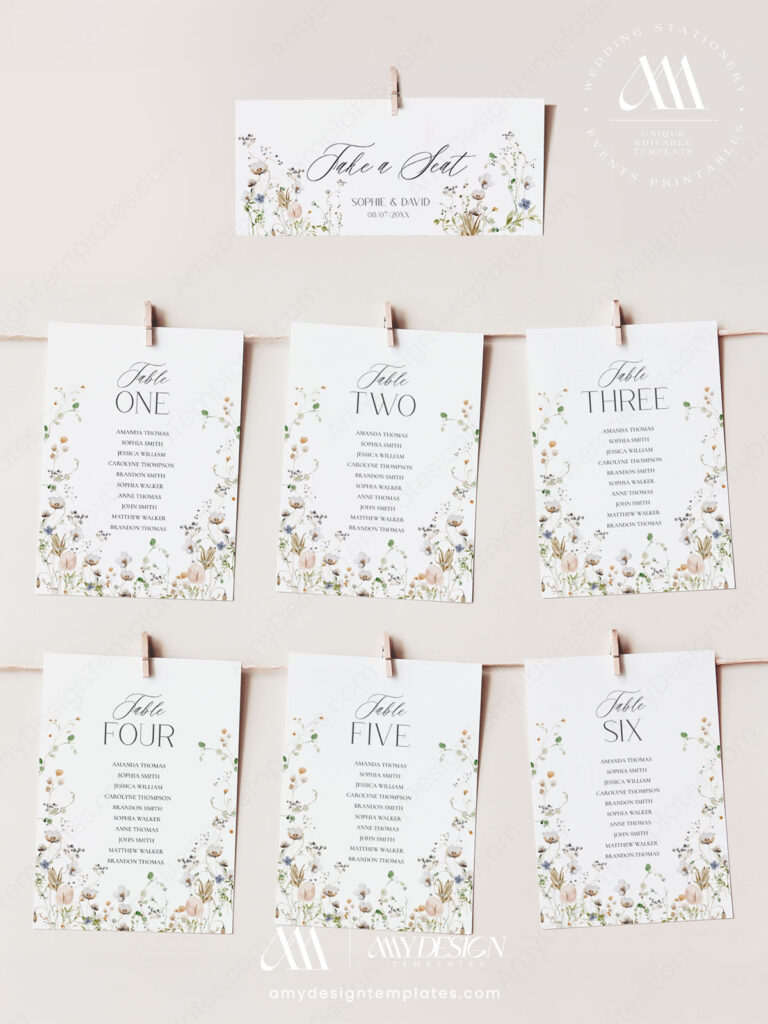 Wildflower Table Seating Chart Template | Wildflower Wedding Table ...