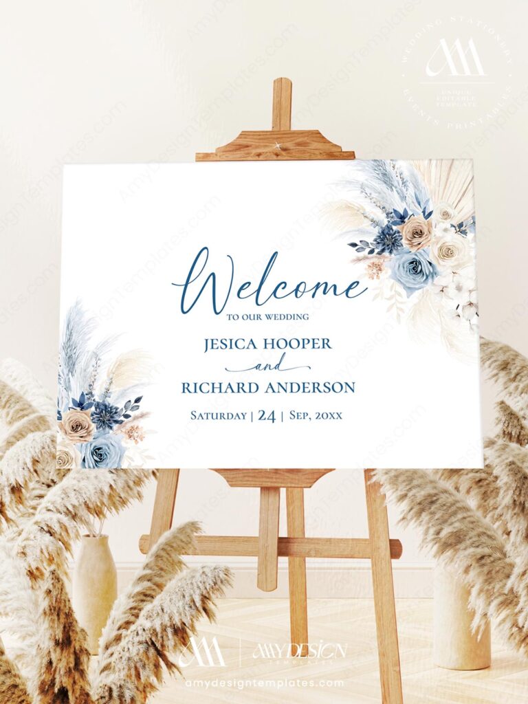 Blue Wedding Signage Template | Welcome To Our Wedding | Boho Rustic Pampas