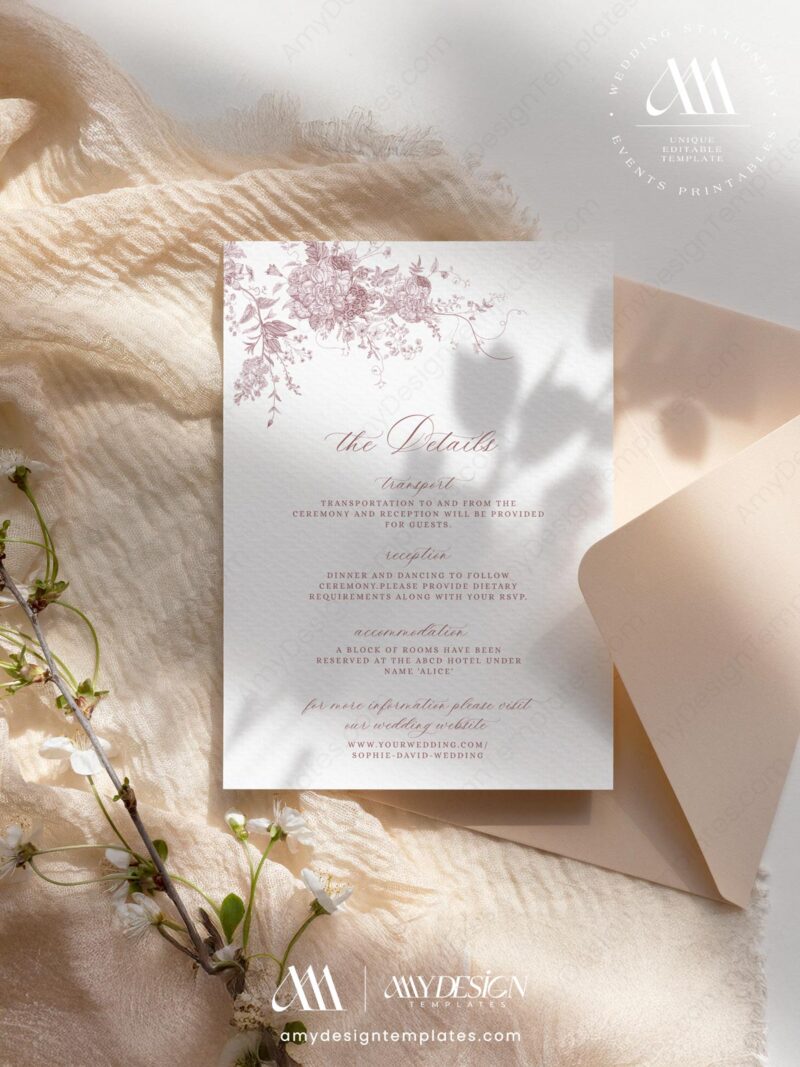 French Toile Floral Wedding Invitations Template Bundle | Amy Design