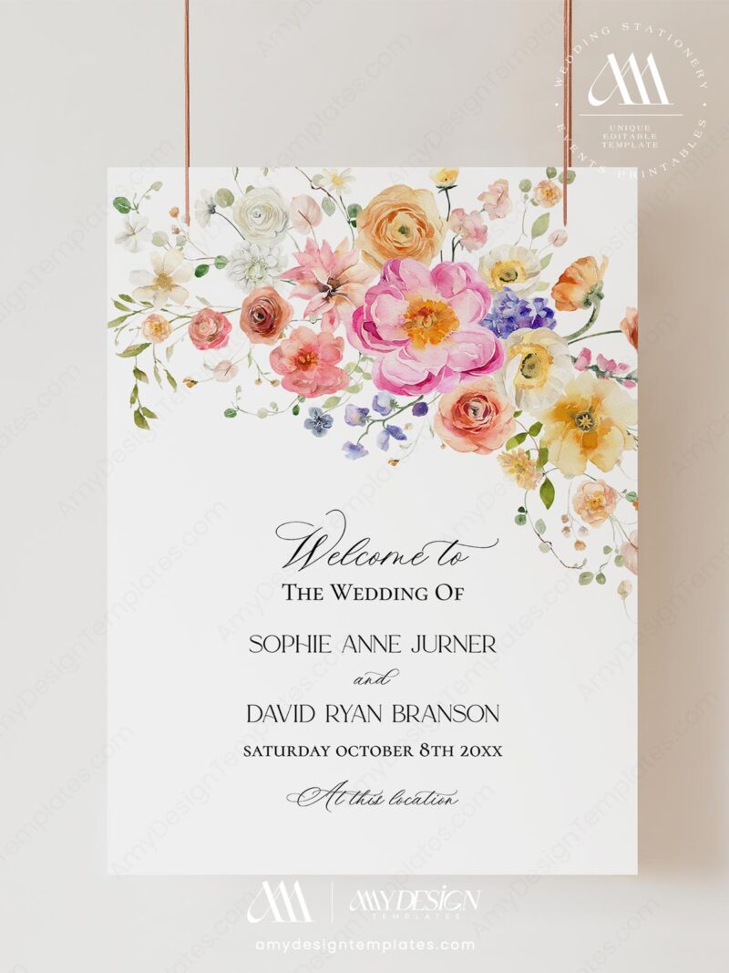 Colorful Flowers Wedding Welcome Sign Template | Bright Floral Wedding ...