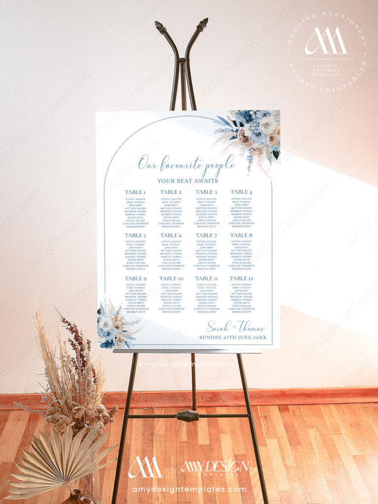 Dusty Blue Seating Chart Sign Template | Boho Wedding Printable