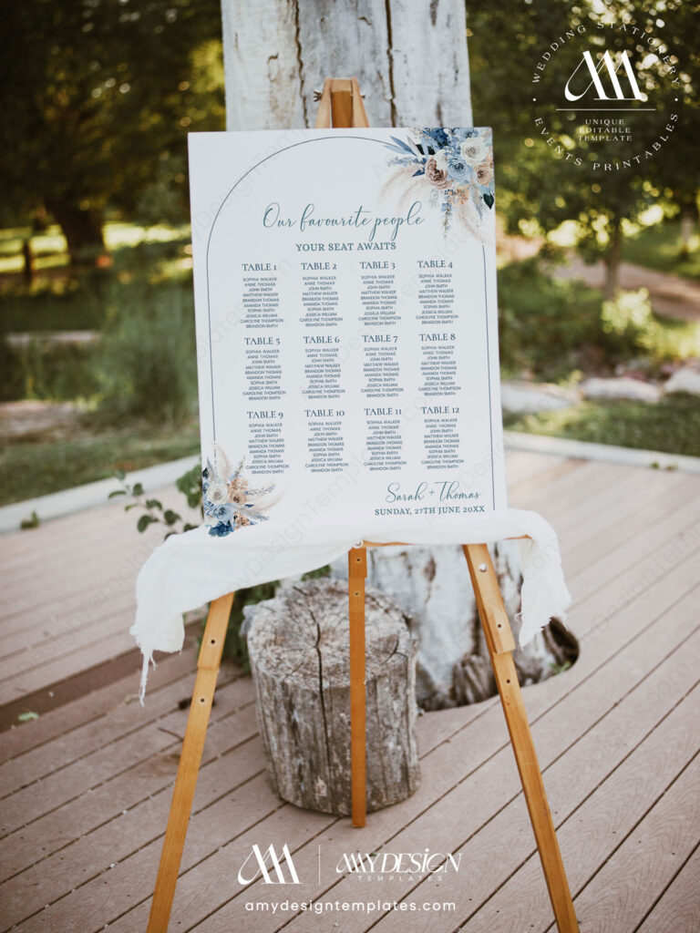 Dusty Blue Seating Chart Sign Template | Boho Wedding Printable