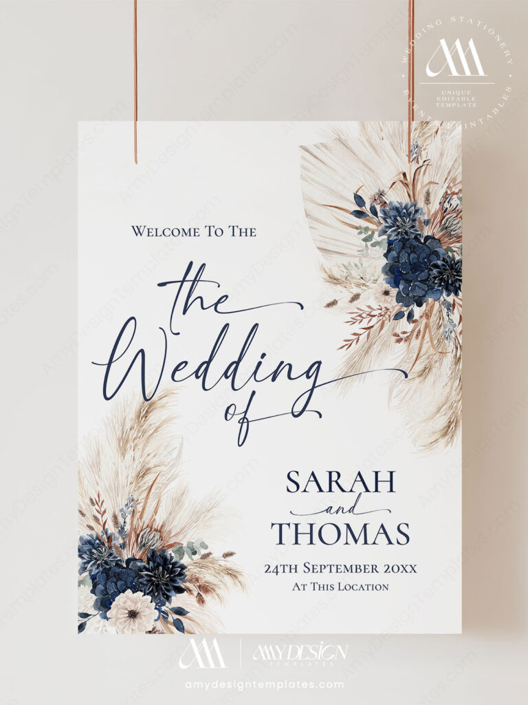 Navy Blue Wedding Welcome Sign Template | Boho Wedding Signage Printable