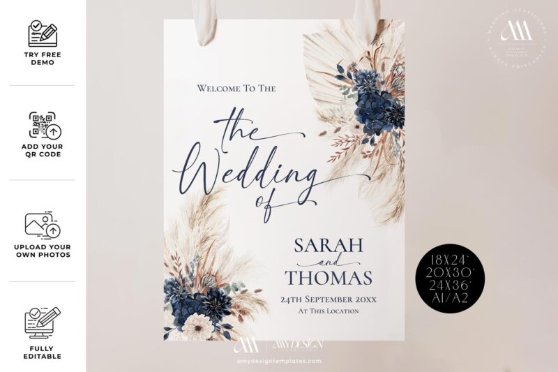Navy Blue Wedding Welcome Sign Template | Boho Wedding Signage Printable