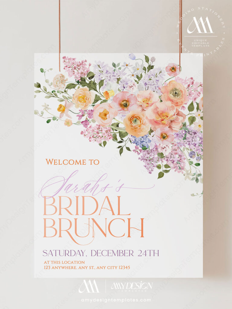 Spring Floral Bridal Shower Brunch Welcome Sign Template | Peach Purple ...