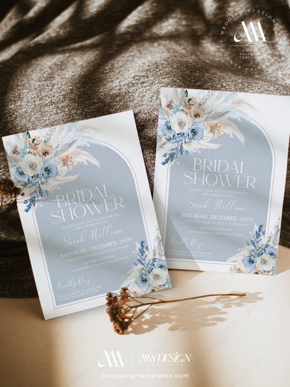 Blue Boho Digital Bridal Shower Invitation Editable | Template Printable