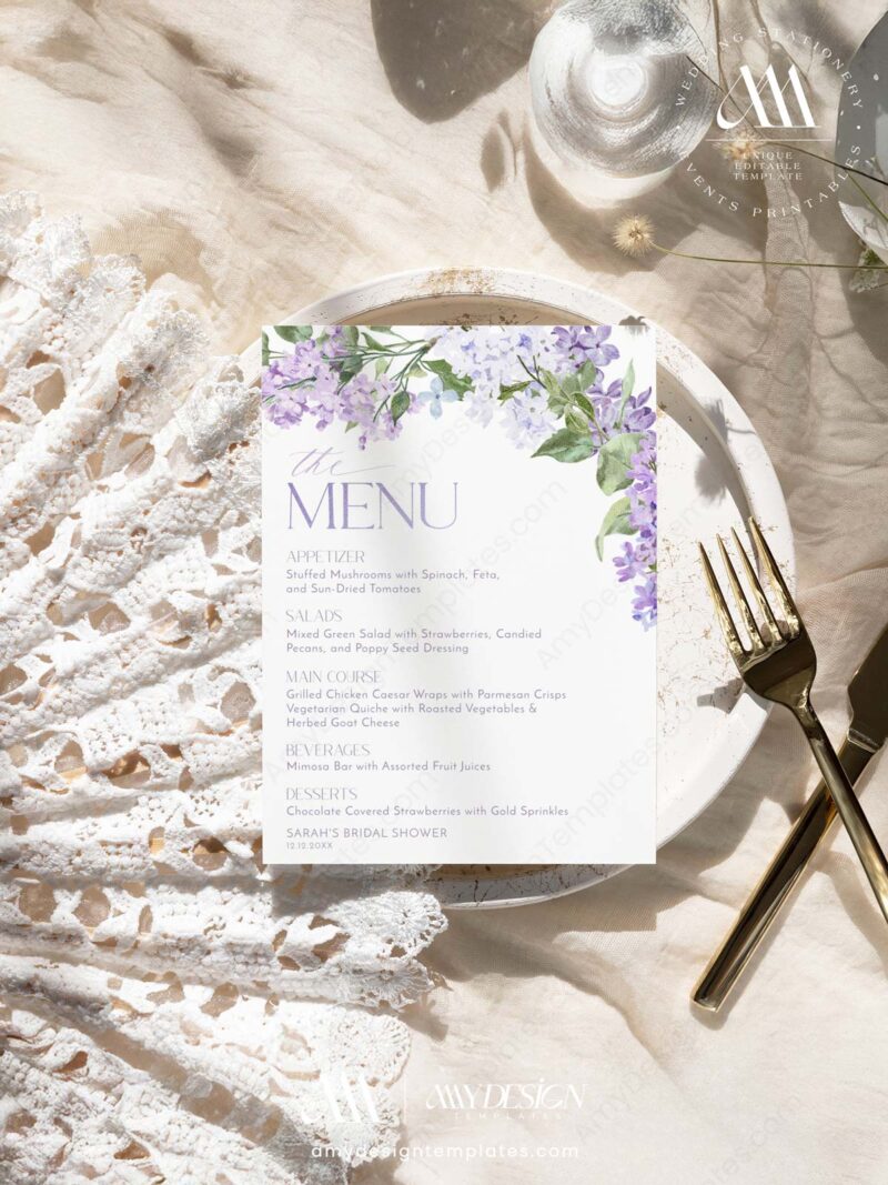 Lilac Menu Template | Purple Wedding Shower Menu Card | Dessert Menu ...