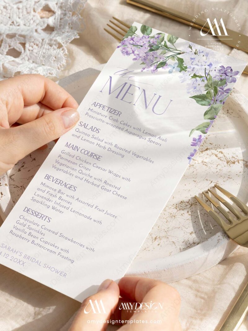 Lilac Menu Template | Purple Wedding Shower Menu Card | Dessert Menu ...
