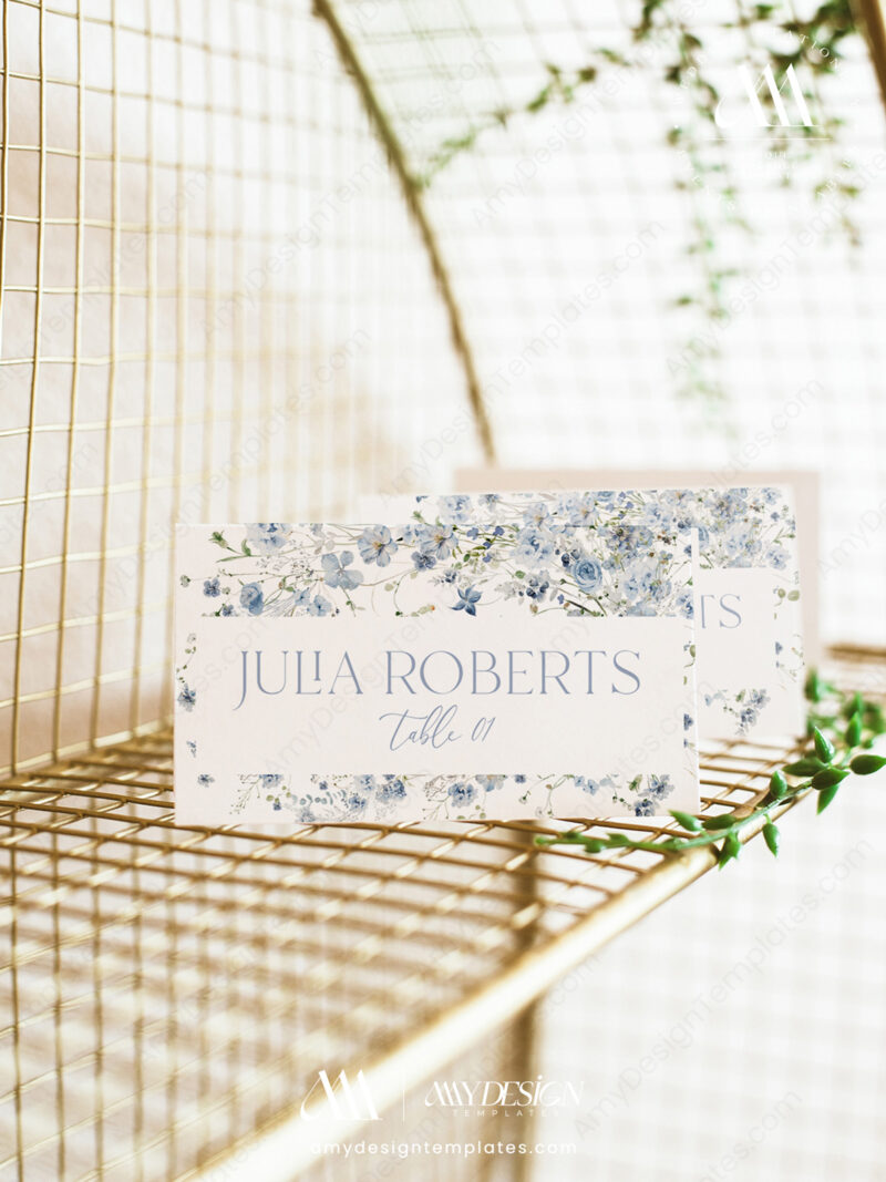 Blue Floral Wildflower Place Card Template | Foldable & Flat Printable ...
