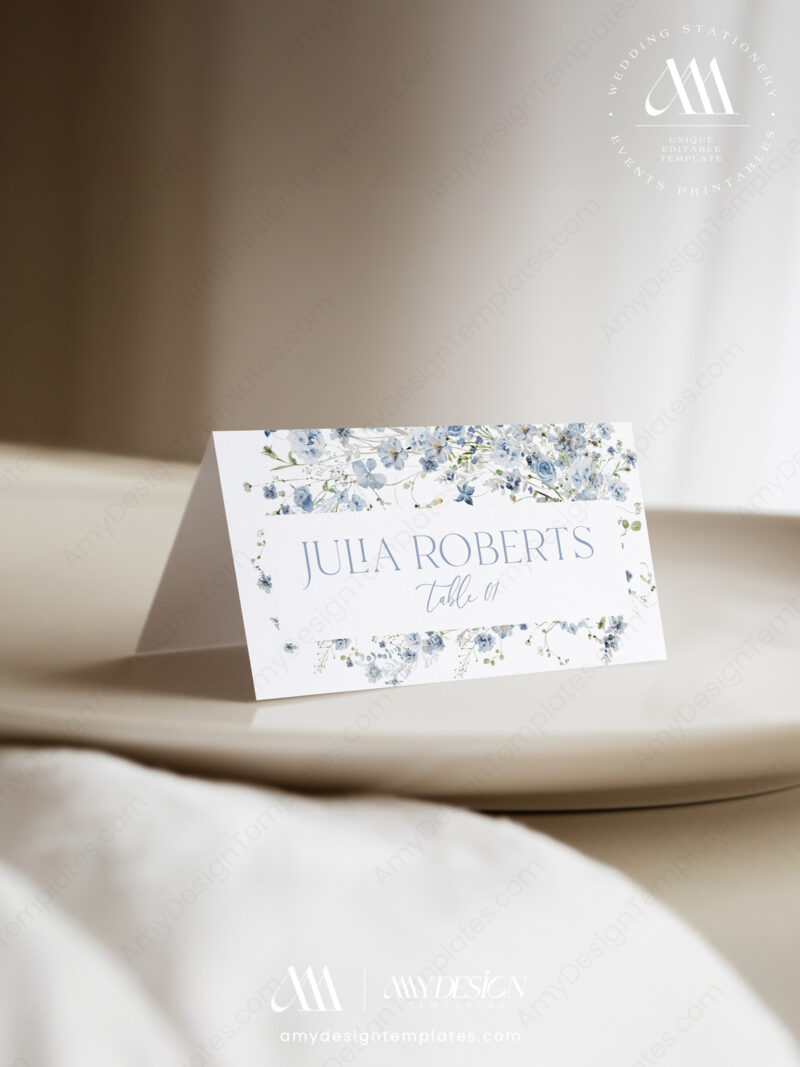 Blue Floral Wildflower Place Card Template | Foldable & Flat Printable ...