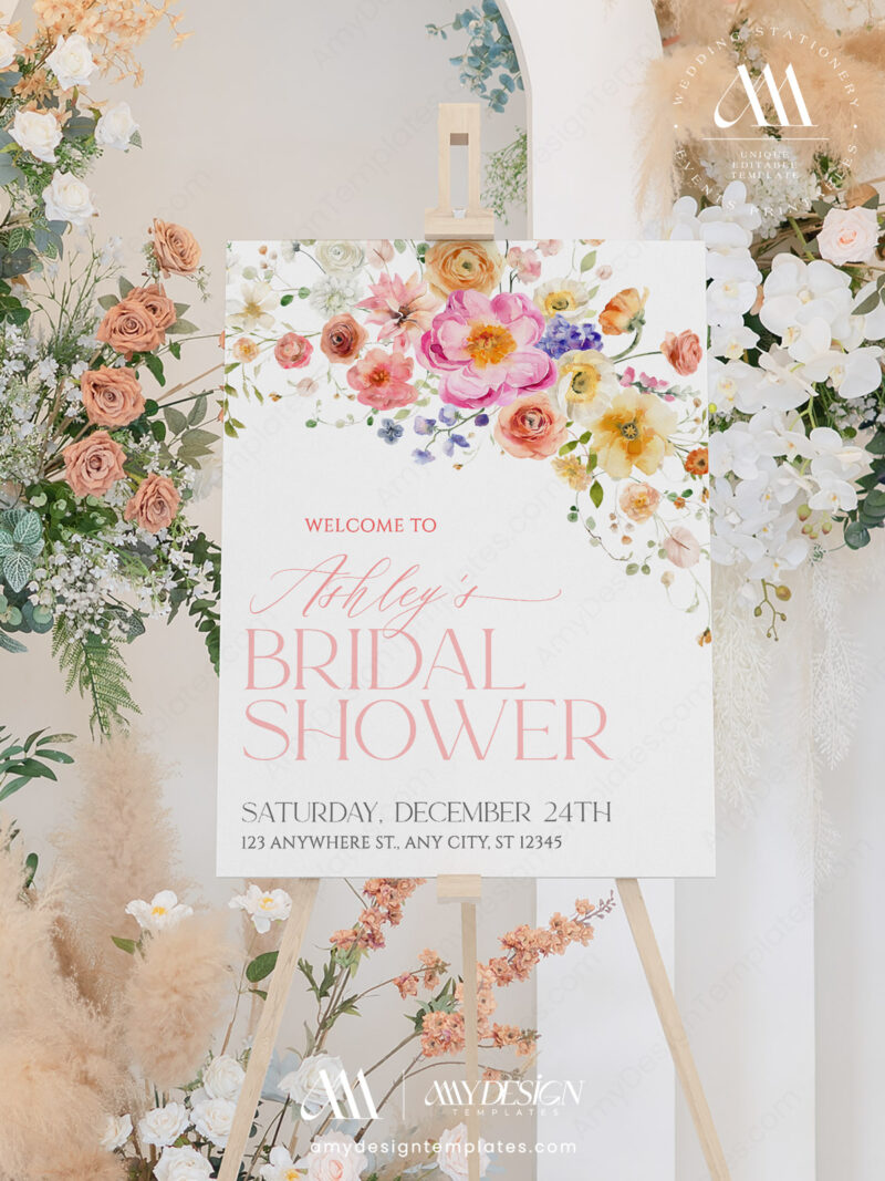 Bright Flowers Bridal Shower Welcome Sign Template | Welcome Poster ...