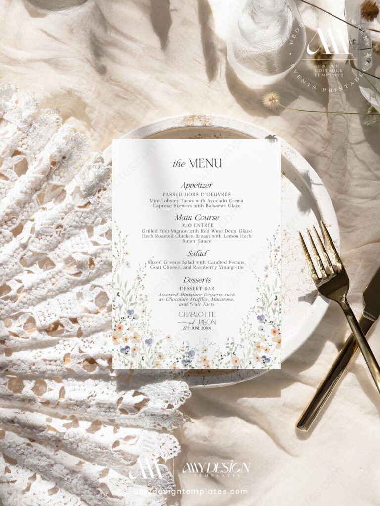 Whimsical Menu Template | Personalized Wedding Menu Printable | Dinner ...