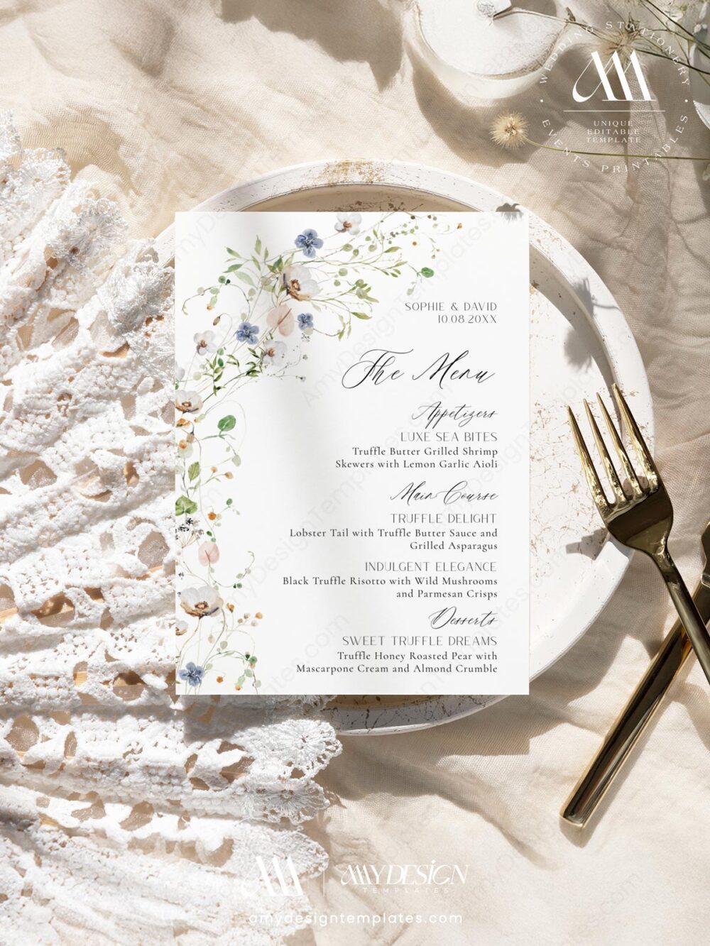 Whimsical Wedding Menu Template | Dinner Menu Cards | Elegant Wedding ...