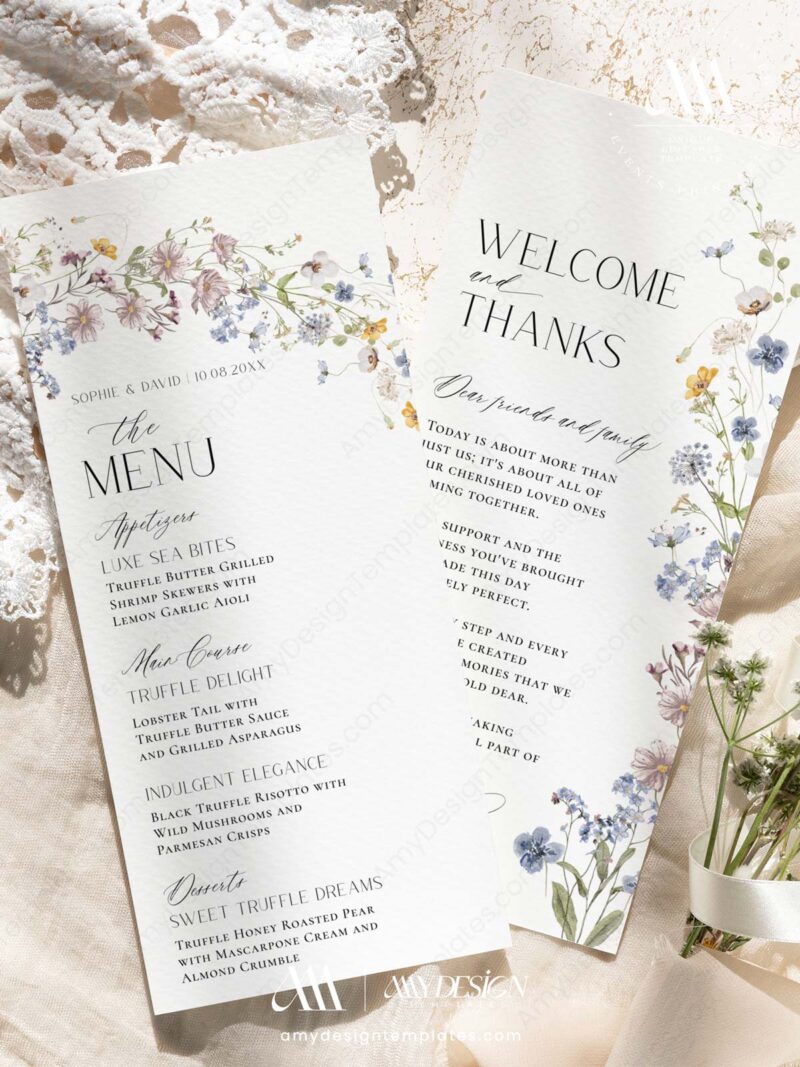 Wildflower Wedding Menu Template | Dessert Menu Cards | Whimsical Menu ...