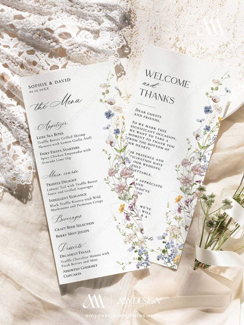 Dinner Menu Card Template | Wildflower Wedding Menu Place Card Template ...
