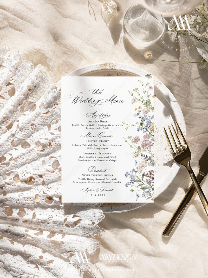 Dinner Menu Card Template | Wildflower Wedding Menu Place Card Template ...