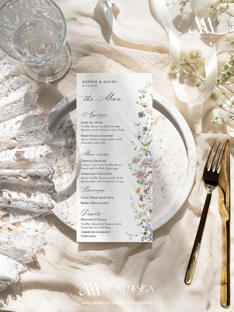 Dinner Menu Card Template | Wildflower Wedding Menu Place Card Template ...