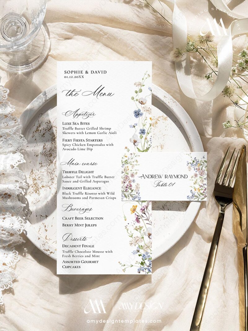 Dinner Menu Card Template | Wildflower Wedding Menu Place Card Template ...