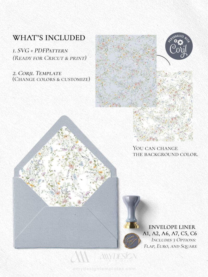 Floral Wedding Envelope Liner Template | A7 Euro & Flap Square Flap ...