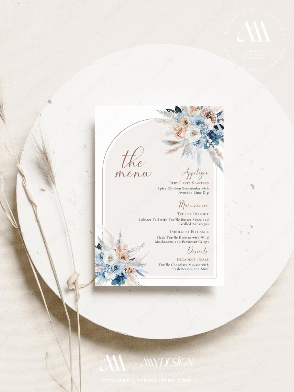 Blue Menu Card Template Editable | Boho Wedding Menu Template | Dinner ...