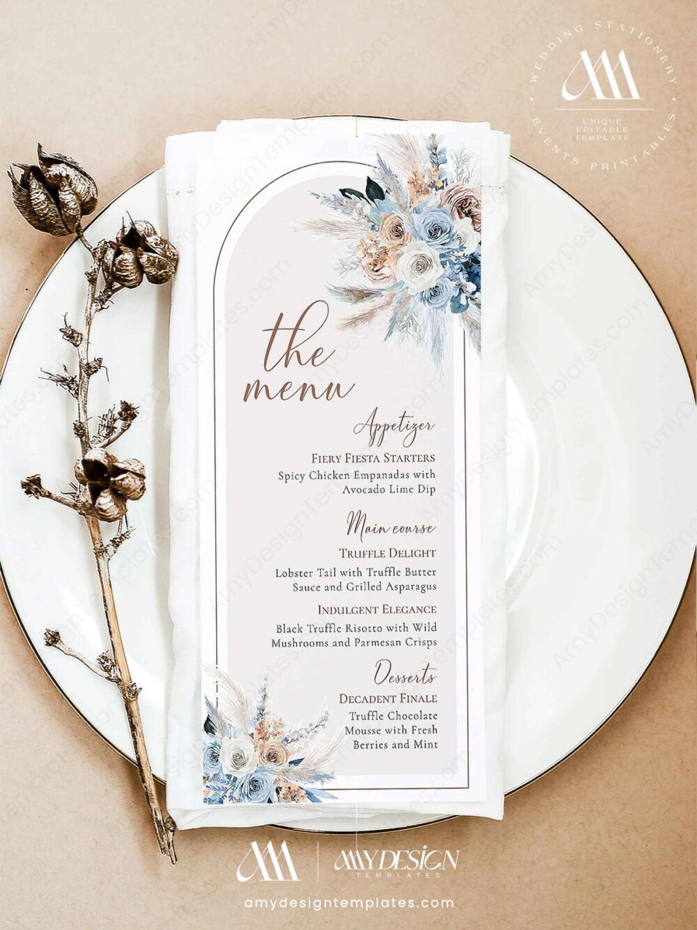 Blue Menu Card Template Editable | Boho Wedding Menu Template | Dinner ...
